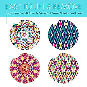 LotFancy 4 Pack Car Coasters Ceramic, Boho Absorbent Car Cup Holder Coasters, 2.56inch, Mandala Style for Women Men, with Finger Notch & Cork Base, 4 Patterns
