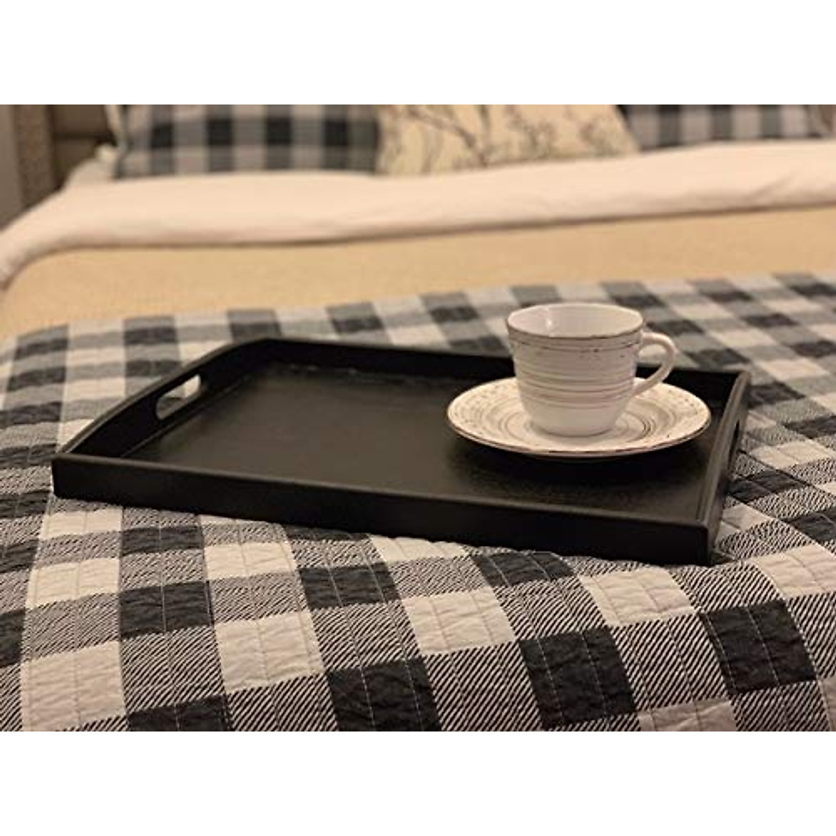 Jara19 Large Serving Tray Black Wood Rectangle for Ottoman Food Breakfast in Bed 17 x 13 x 2