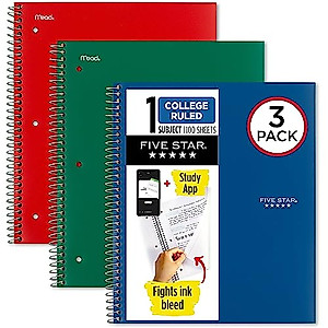 Five Star Spiral Notebooks + Study App, 3 Pack, 1-Subject, College Ruled Paper, 200 Sheets, 11" x 8-1/2", Forest Green, Fire Red, Pacific Blue (820189-ECM)