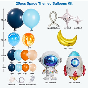 125Pcs Space Themed Balloon Arch Kit Navy Blue Orange Balloon Garland With Silver Tassels Galaxy, Astronaut & Rocket Decorations For Outer Space Parties, Boy Kid Birthday decoration