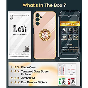 LeYi for Samsung Galaxy A14 5G Case with Tempered Glass Screen Protector [2 Pack] 360° Rotatable Ring Holder Magnetic Kickstand, Plating Rose Gold Edge Protective Case, Pink