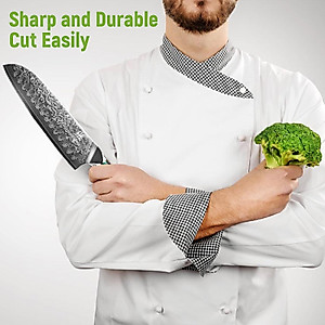 KEIZOKU Damascus Steel Santoku Knife 7 Inch, Japanese Professional 10Cr15MOV Blade with Hand Forged Hammer Pattern, Ultra Sharp Kitchen Knife with Abalone Shell Ergonomic Handle