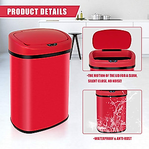 Automatic Trash Can 13 Gallons Garbage Can Waste Bin with Lid Kitchen Touchless Sensor Trash Bins Brushed Stainless Steel Garbage Bin for Home Office Bathroom, Red