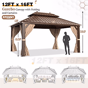 EROMMY 12'x16' Hardtop Gazebo Galvanized Steel Outdoor Aluminum Double Roof Canopy with Netting and Shaded Curtains Permanent Metal Pavilion for Patio, Backyard and Deck