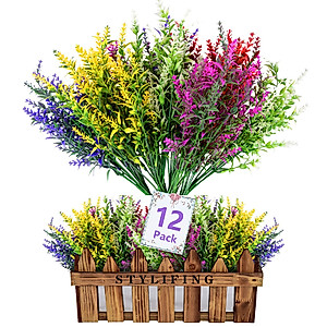 STYLIFING 12 Bundles Artificial Flowers, UV Resistant No Fade Fake Flowers Outdoor Faux Lavender Plastic Plants for Garden Porch Window Box Décor