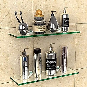 GeekDigg 2 Sets Glass Shelves for Bathroom, No Drilling Shower Caddy Glass Shelves for Wall Glass Bathroom Storage Organizer Shelf with Aluminum Bracket for Bathroom, Shower, Kitchen, Laundry