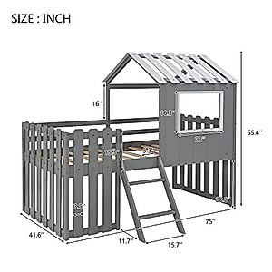 Twin Loft House Bed for Kids, Wooden Loft Beds with Rustic Fence-Shaped Guardrail/Ladder/Window/Roof for Teens Boys & Girls Bedroom (Gray-Loft House Bed)