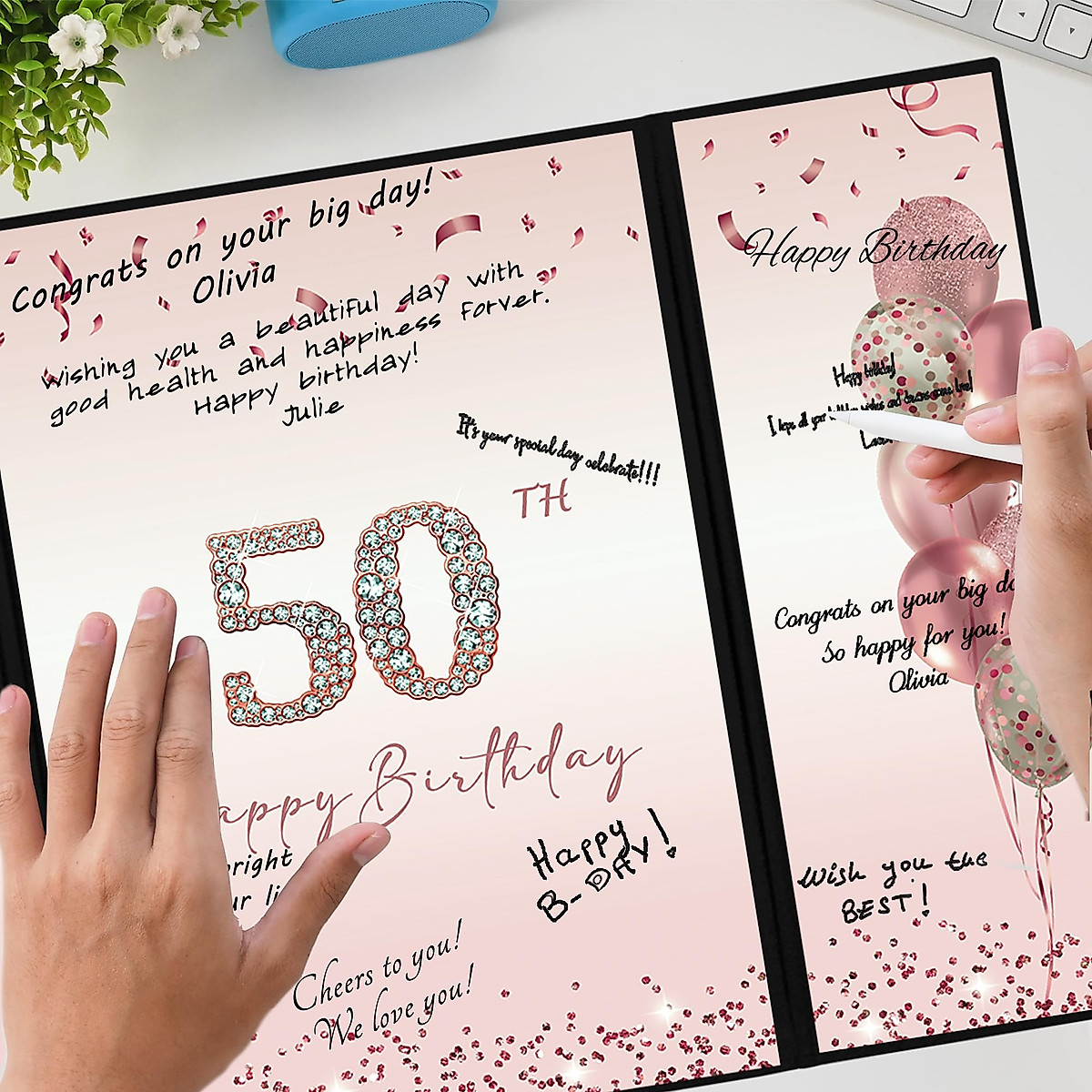 DARUNAXY Rose Gold 50th Birthday Party Decorations for Women, Happy 50th Birthday Alternative Signature Guest Book Black Pink 50 Birthday Signing Card Board Party Supplies Cheers to 50 Years Old Gift