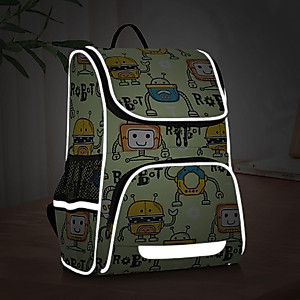 JULYTO Kids Backpack for Boys Girls with Reflective Stripes 17 inch Robots Cartoon Backpack for School Funny Theme School Bag Elementary Student Bookbag Daypack for Travel Hiking