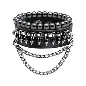 Eigso Punk Leather Cuff Bracelets for Men Women 80s Retro Hematite Rock Spikes Metal Cuff Wristband Set Adjustable for Man Woman
