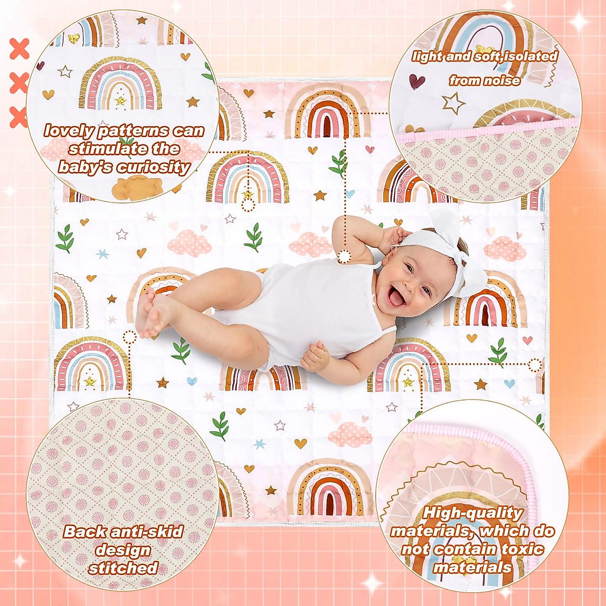 Boho Rainbow Baby Play Mat Portable 43 x 43 Inch Crawling Mat Washable Non Slip Foldable Tummy Time Mat Kids Floor Mat Playpen Mat for Babies Infants Toddlers Floor Playpen Tummy Time Activity