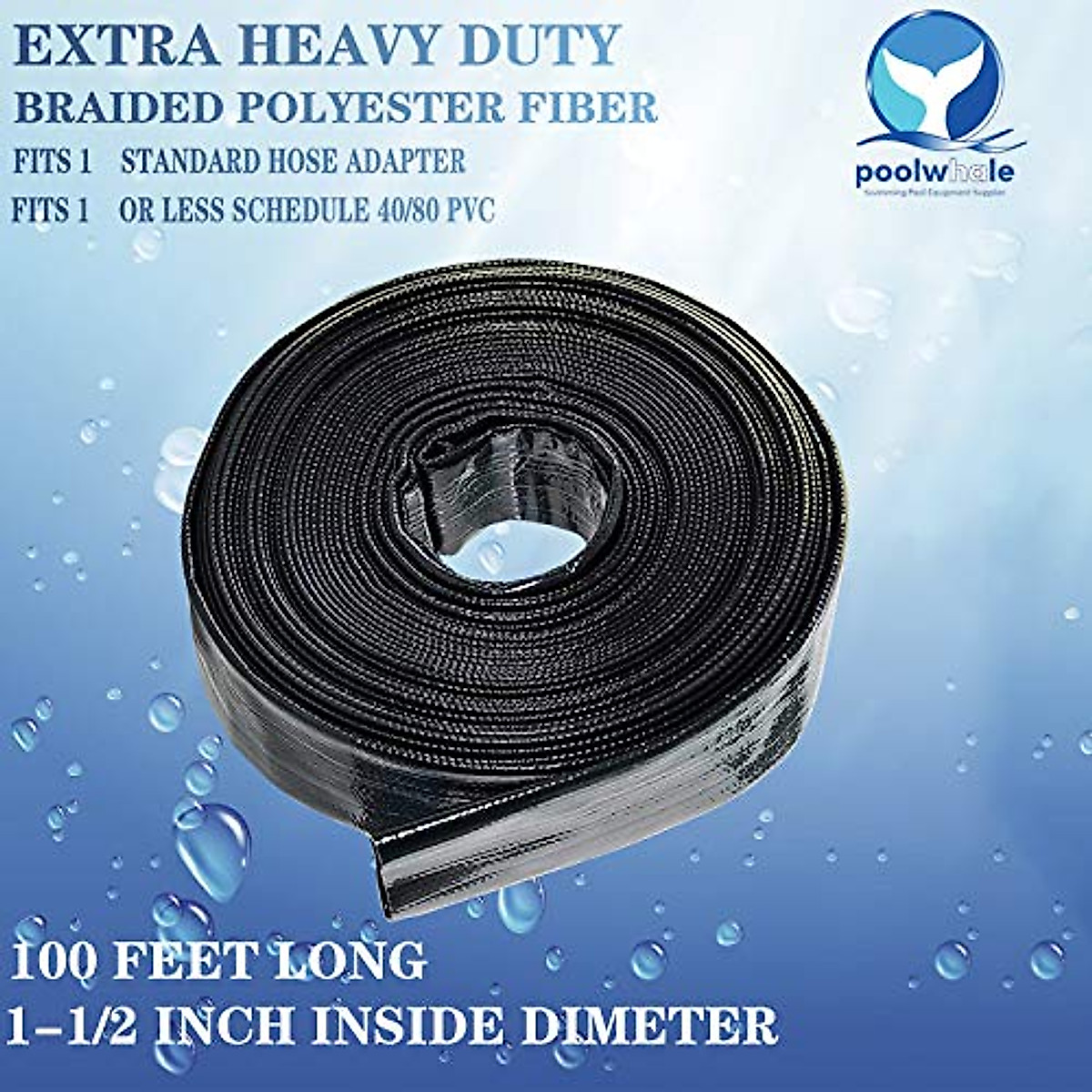 POOLWHALE Heavy Duty 1-1/2" x 100' Thick 1.2mm Black Backwash Pool Hose with Clamp - Flat Water Discharge Hose - Chemical and Weather Resistant - Drain Clean Swimming Pools & Filters