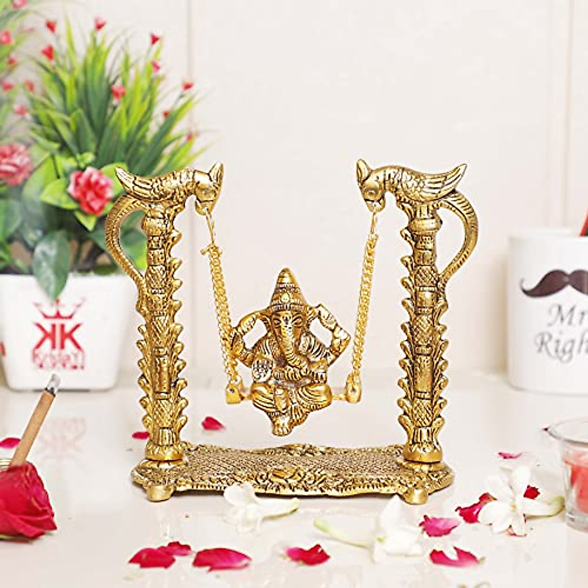 KridayKraft Metal Ganesh Ji on Swing Jhula Statue (Gold Standard)
