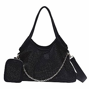 Jechin Bling Rhinestone Tote Handbag for Women, Glitter Tote Shoulder Top Handle Satchel Hobo Bags Large Capacity Handbag (black)