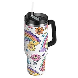 FRCSDIY Rainbow Flowers Insulated Tumbler with Handle and Straw Lid,40oz Leakproof Stainless Steel Cup BPA-Free Water Bottle