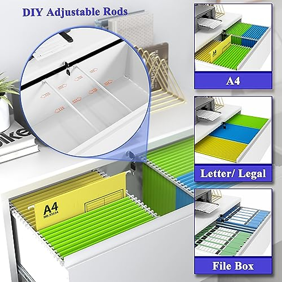 Hak Metal 3 Drawer Lateral File Cabinet with Lock, Black Office File Cabinet for Storing Legal/Letter A4 Size File, Mordent Locking Lateral Filing Cabinets for Home Office (White)