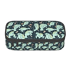 QHWLR Manatee Animals Calf print Pencil Case Large Capacity Pen Pouch for interlayer Adults Cosmetic Bag Supplies ﻿, Black