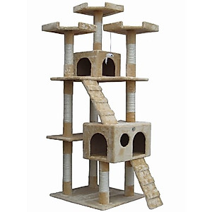 Go Pet Club 72" Premium Cat Tree Kitty Tower Kitten Condo for Indoor Cats with Scratching Posts, Condos, Ladders, Soft Perches, and Hanging Toy Cat Activity Center Furniture, Beige