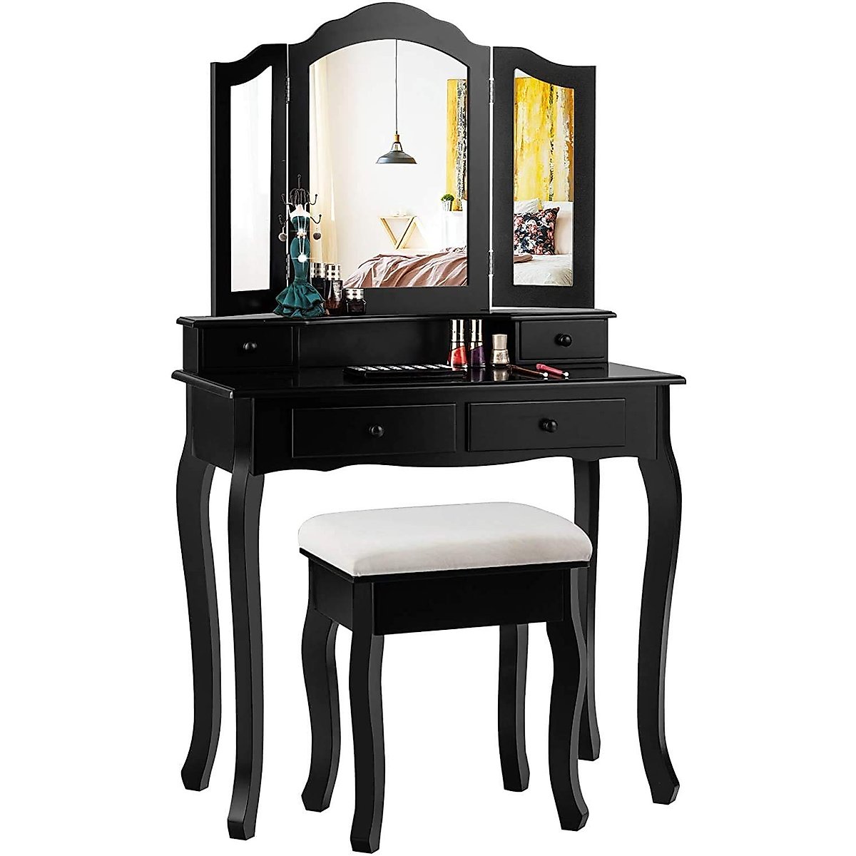 RIVALLYCOOL 2-in-1 Vanity Table Set, Multipurpose Dressing Desk Set with 4 Drawers Tri-Folding Mirror, Cushioned Stool, Wood Table with with Modern Shape, Bedroom Bathroom Makeup Table (Black)