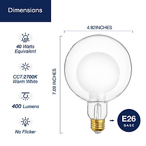 FLSNT G125 Decorative Dimmable Globe LED Edison Bulbs, 2700K Soft White, 7W(40W Equivalent), 400LM, E26 Medium Base, CRI90, Frosted Glass Finishing