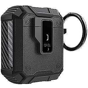 Jusy Military Case Compatible with Airpods 1&2, Rugged Protective Cover with Keychain Clip Accessories, Full Body Shockproof Heavy Duty Hard Skin Wireless Charging (Black)