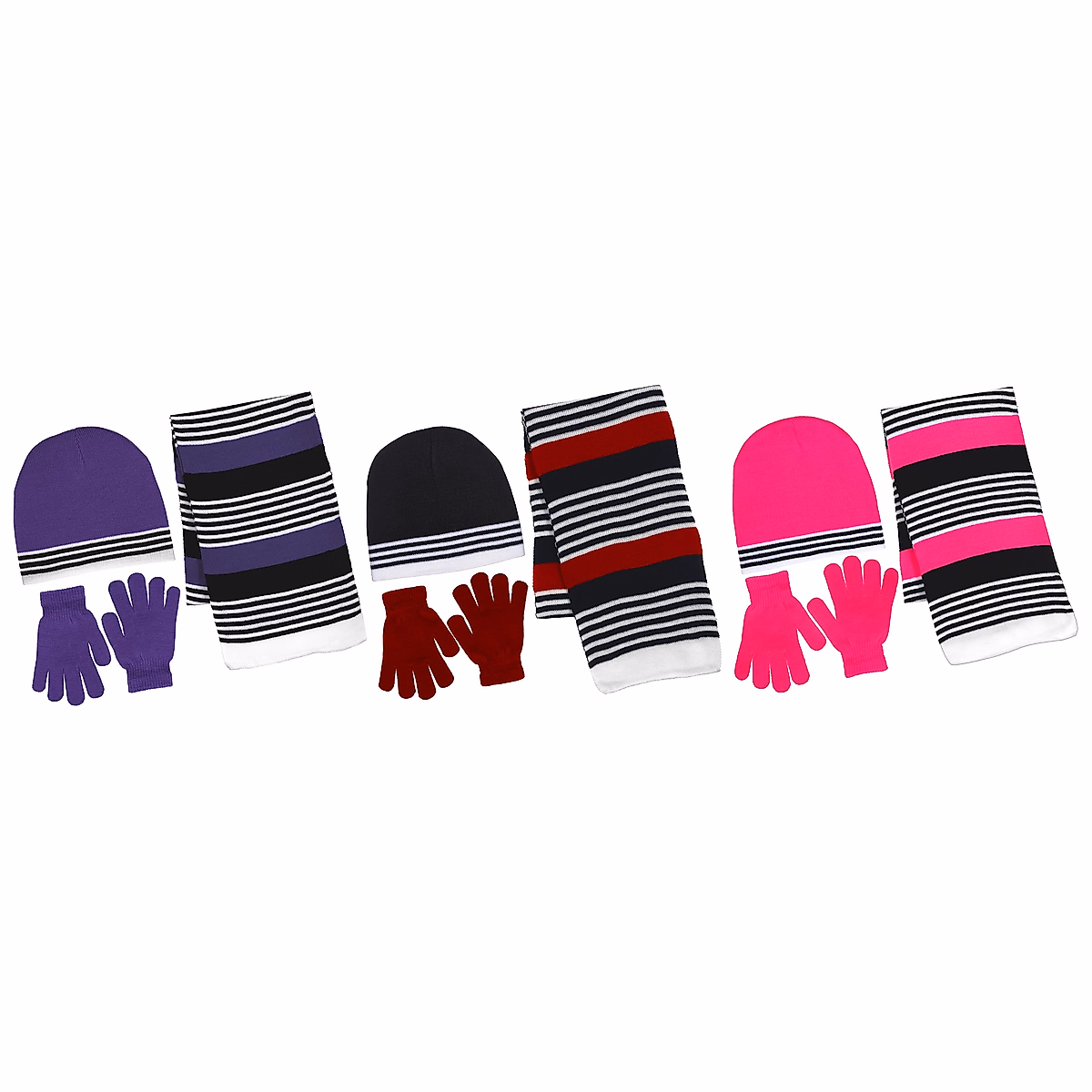 Girl's 3 Piece Knit Hat, Scarf & Gloves Set (Pink-Black), OSFM