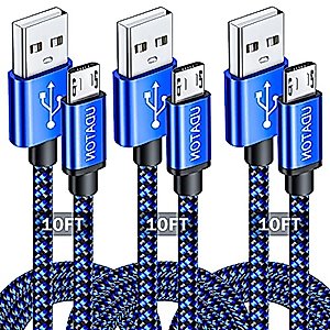 Micro USB Cable 10ft, Android Charger, USB C Cable, 3Pack Extra Long Kindle Fire Charger, udaton High Speed Nylon Braided Micro Fast Charging Cord for Samsung Galaxy S7 Kindle Fire 7 PS4 Xbox LG, Blue