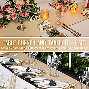 8 Pack Disposable Plastic Tablecloths and Satin Table Runner, 54 x 108 Inch Tablecloth, 12 x 108 Inch Table Runners for Wedding Graduation Birthday Baby Shower New Year Party (Gold)