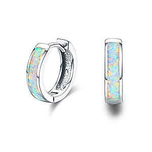 Hoop Earrings for Women 925 Sterling Silver White Opal Small Hinged Huggie Earrings Simulated Opal Earrings Hypoallergenic Earrings for Sensitive Ears Christmas Mothers Day Gift for Women