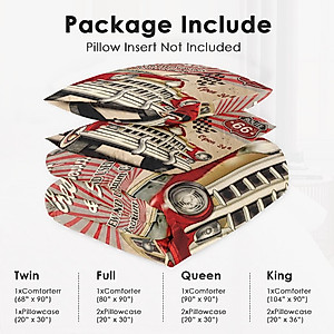 Pinbeam Comforter Set Queen Size, Tire Retro Vintage Car Soft Bedding Set for Kids and Adults, Vehicle Automotive Garage Comforter Set with 2 Pillowcases for Bedroom Bed Decor