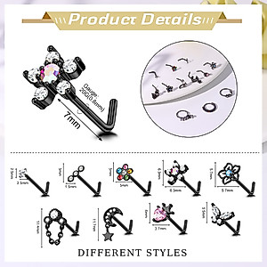 Drperfect 12PCS 20G Nose Rings Studs Stainless Steel Nose Rings Hoop for Women Men Paved CZ Butterfly Flower Nose Nostril Piercing Jewelry L Shaped Nose Ring Stud Set