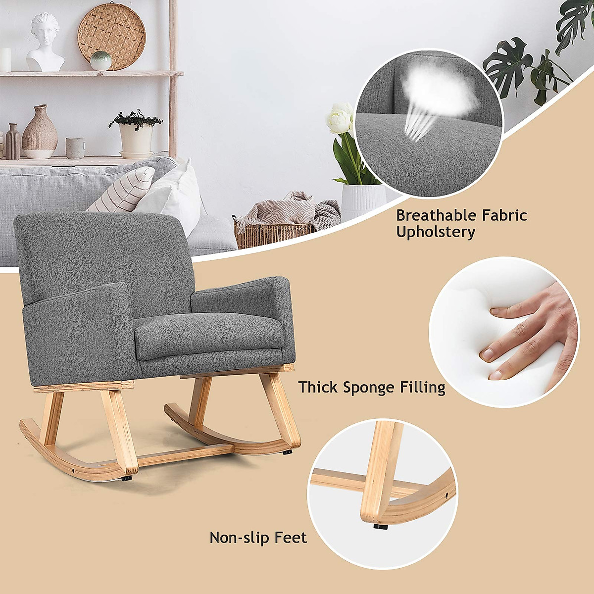 POWERSTONE Upholstered Rocking Glider Nursery Mid Century Accent Lounge Arm Chairs for Small Spaces Bedroom Living Room (Beige)