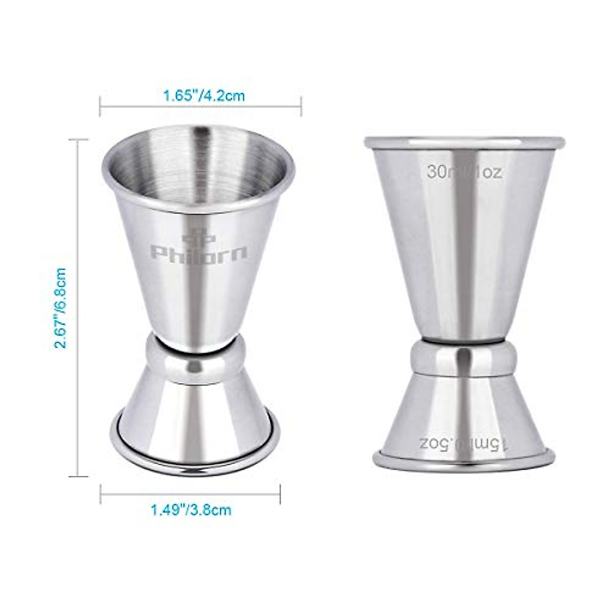 PHILORN 2 Set Double Jigger 0.5 & 1 oz 304 Stainless Steel with Recipe 15ml & 30ml Measuring Cup Measure Liquor Quickly Accurately Cocktail Jigger Round Edge and Thin Waist for Comfort Holding