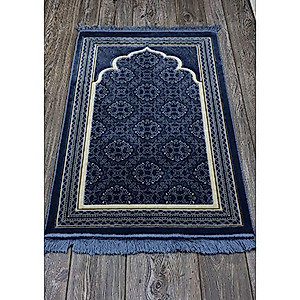 Modefa Turkish Islamic Prayer Rug - Soft Velvet Janamaz Praying Carpet - Comfortable Muslim Praying Mat for Men & Women - Ramadan or Eid Gift - with Kufi Prayer Cap - Elegant Swirl (Blue)