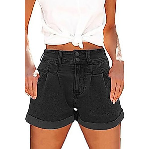KINGFEN Women's High Waist Denim Shorts Relaxed Fit Casual Jean Shorts Summer Cuffed Short Hem Zipper and Button Closure Womens Shorts with Pockets Black Large