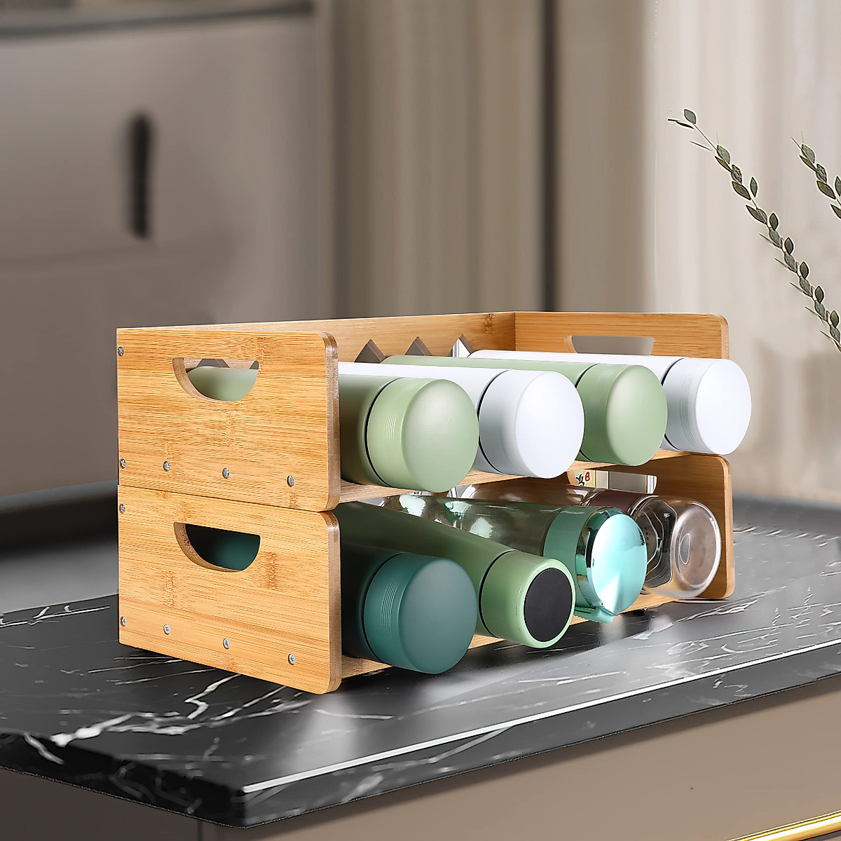 vinlley Bamboo Water Bottle Organizer, Free-Standing Stackable 4 Bottle Storage Holder Rack - Water, Wine, and Drink Organizer Shelf for Kitchen Countertop, Cabinet, Pantry, Fridge, Freezer - 2 Pack