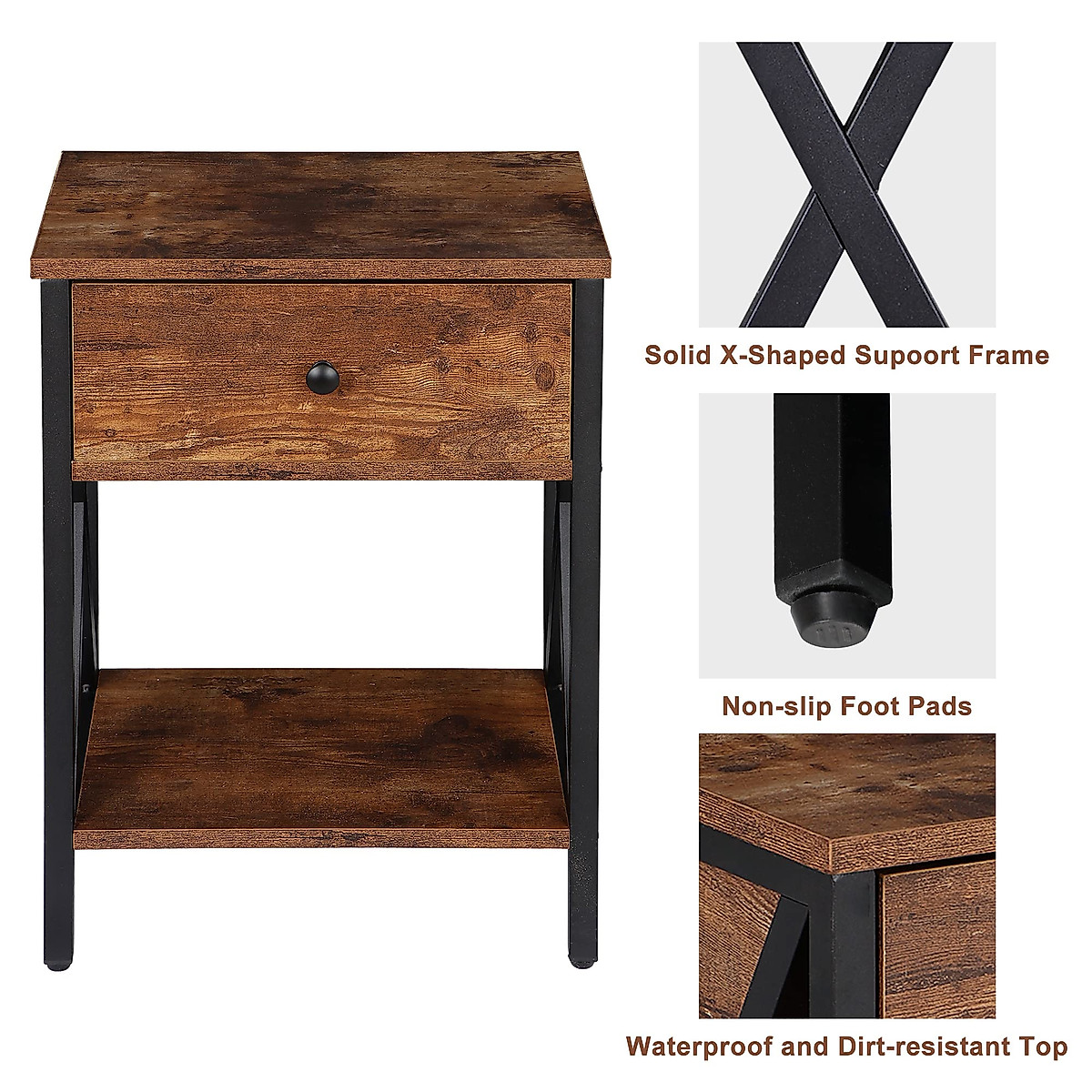 SUPER DEAL Nightstand Set of 2, Modern End Table with Drawer Industrial Metal Frame Bedside Tables for Bedroom Living Room Apartment Small Spaces, Antique brown