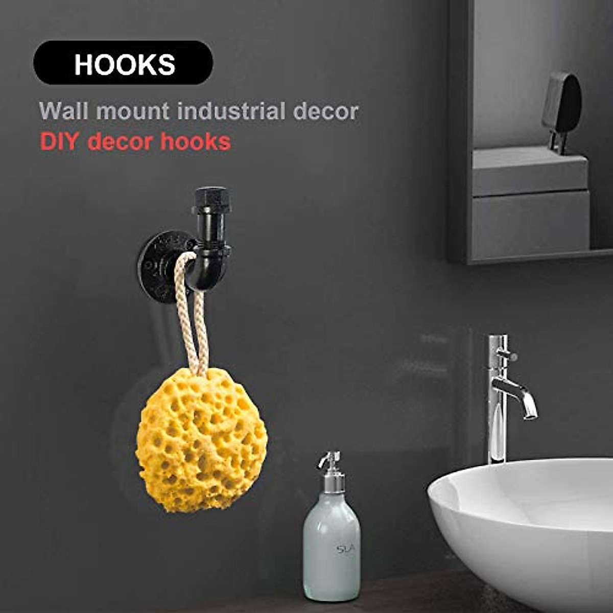 gotonovo Wall Mounted Rustic Industrial Towel and Robe Hook Set Towel Single Hook Kit Heavy Duty DIY Style Industrial Pipe Robe Hook Industrial Iron Pipe Electroplated Black Finish, 2 Pieces
