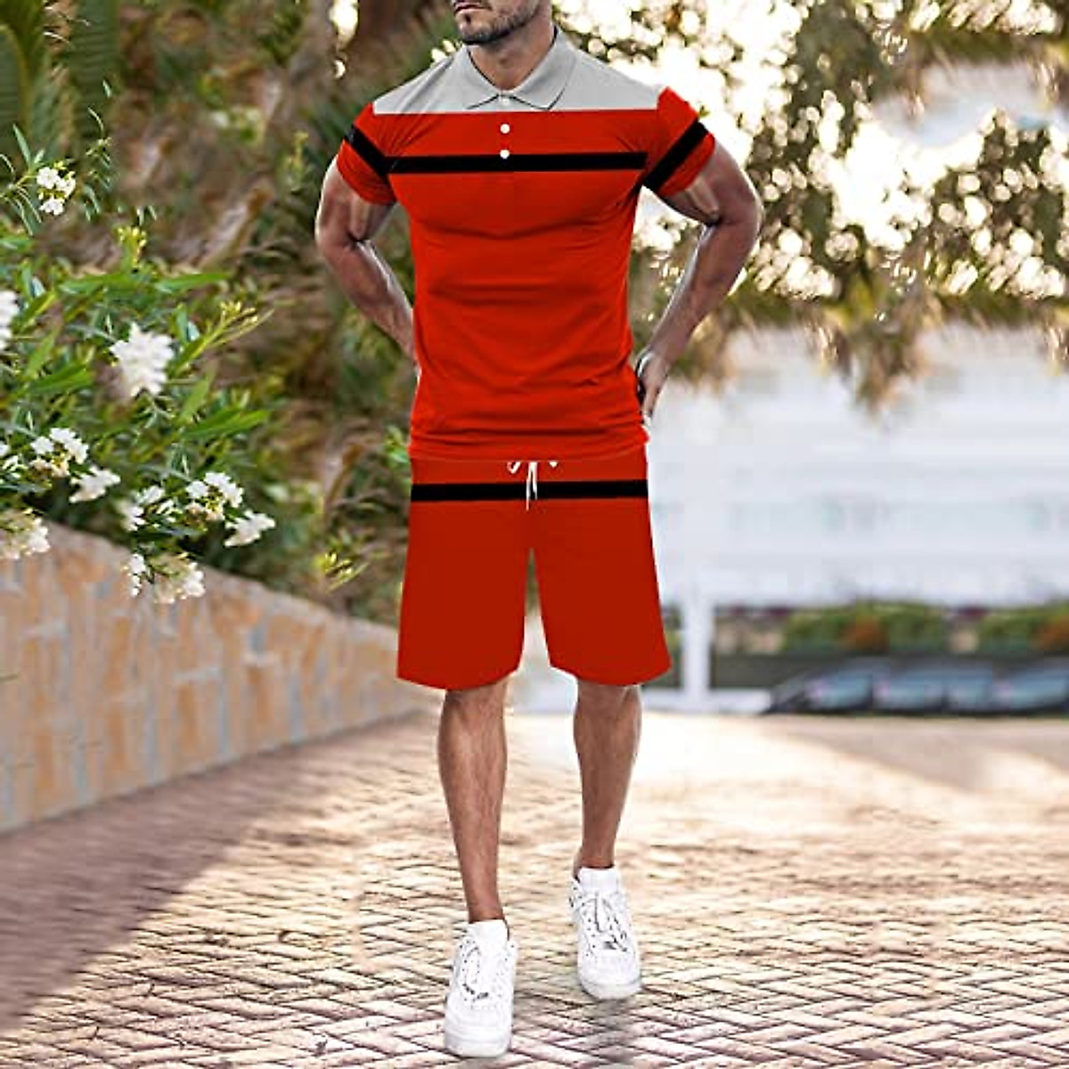 FAMOORE Fancy Men Suits Mens Short Sleeve T Shirt and Shorts Set Summer 2 Piece Outfit Big Mens Suits Red