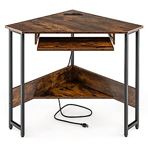 IFANNY Corner Computer Desk with Keyboard Tray, Wooden Triangle Desk w/Power Outlet & Storage Shelves, Rustic Corner Writing Desk, Small Corner Desks for Small Spaces