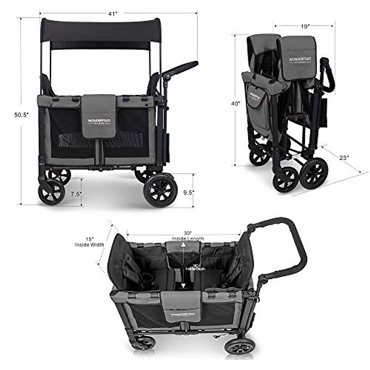 WONDERFOLD W2 Original+ Stroller Wagon (2 Seater) - Collapsible Wagon Stroller with Seats with 5-Point Harnesses, Easy-Access Door, and Adjustable Sun Canopy, Charcoal Gray