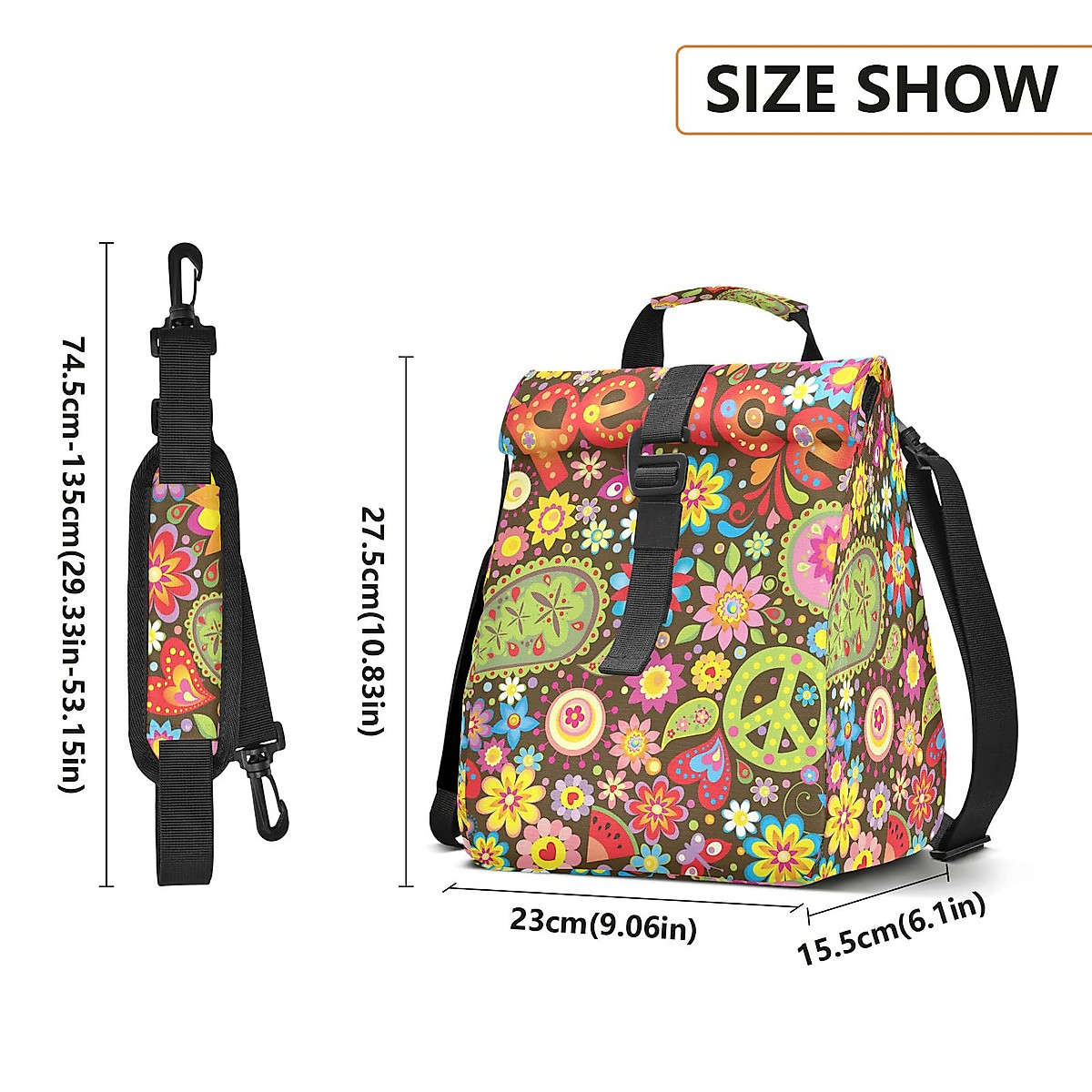 ALAZA Hippie Peace Symbol Paisley Floral Lunch Bag Women Insulated Cooler for Men Kids Roll Top Leak Proof Tote Cooling Purse