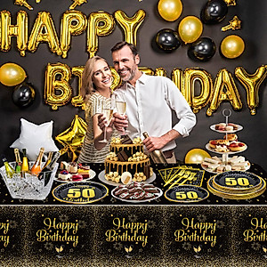 Hegbolke 50th Birthday Decorations for Women and Men - 81 Pcs Plates Napkins 50th Tablecloth Forks Set Black and Gold Party Decorations Serve 20