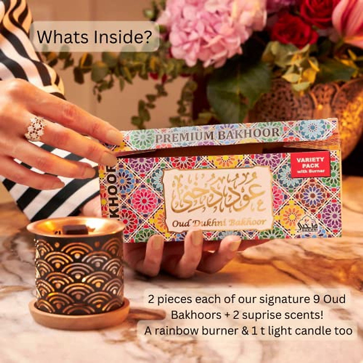 Oud Bakhoor Variety Box & Burner عود بخور مبخرشمعدان by Dukhni | Assorted Box | 20 Pieces Bakhoor | Starter Kit | Authentic Arabic Incense | Perfect Ramadan Decor & Eid Gift Hampers