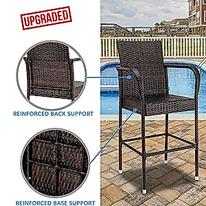 JOYBASE Outdoor Bar Stools Set of 2, Patio Stools, Tall Patio Chairs, Wicker Rattan Outside Barstool with Back and Armrest (Brown)