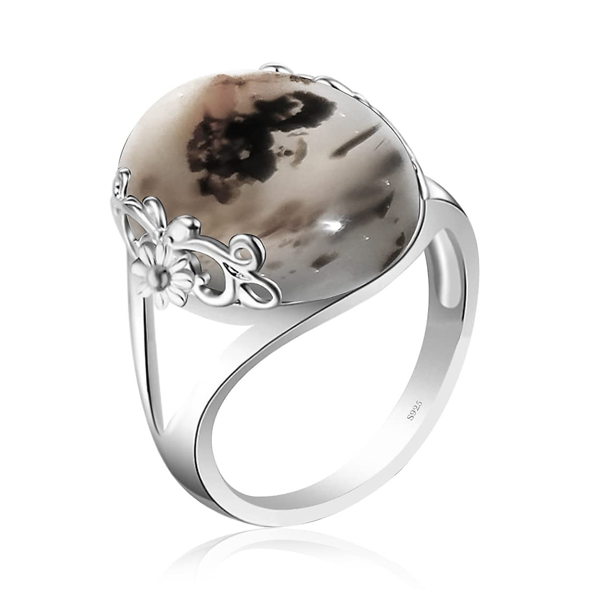 DALEGEM Genuine Rare Yemeni Agate Ring for Women,White Moss Agate Gemstone Ring,S925 Sterling Silver Edged with Flower Vine Genuine Quartz Crystal Gemstone Turkish Ring Jewelry (Stone_A, 7)