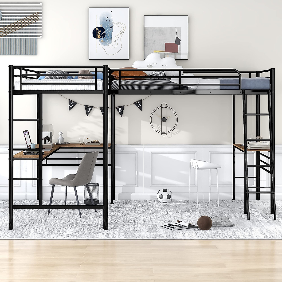 Quarte Simple Metal L-Shaped Loft Bed with Two Built-in Desks,Guardrails and Ladders,for Family Kids Teens,No Box Spring Needed