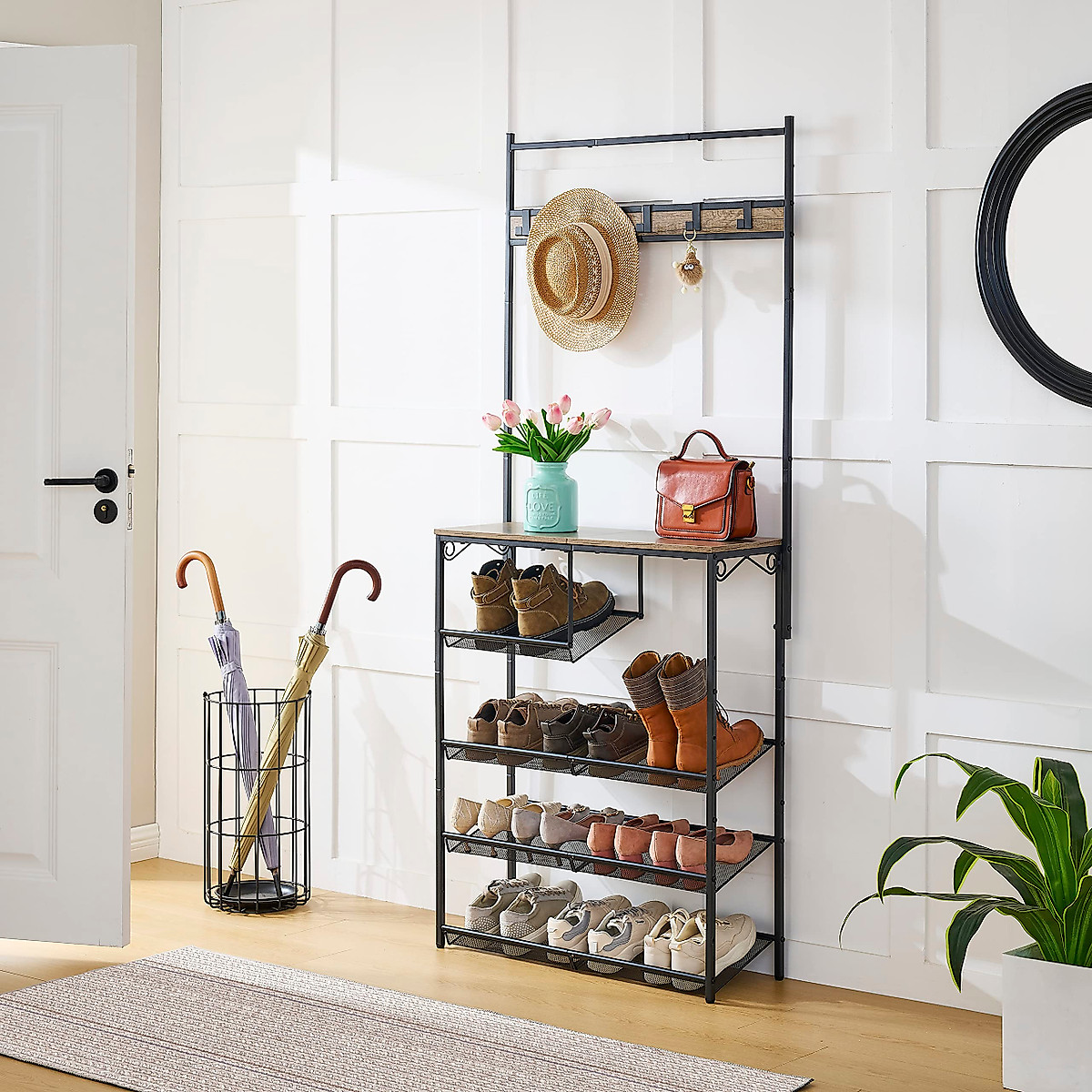 Hoctieon 5-Tier Hall Tree with Shoe Rack, Hall Trees for Entryway with Storage, Hall Tree with Bench and Shoe Storage, Mesh Slant, Greige