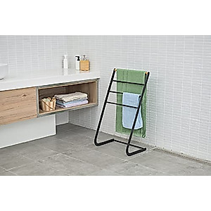 ikloo 32 Inch 4-Tier Freestanding Black Metal with Pine Wood Towel Rack for Bathroom with Hanging Bars, Laundry Room Drying Rack Organizer, Bathroom Storage Stand.