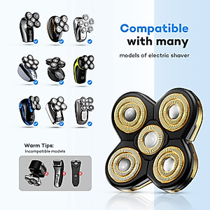 Replacement Head Shavers for Bald Men, 5 and 6 Heads Beard Hair Replacement Blade, Easy to Clean Electric Shaver Fit Your Face and Head Shave for Bald (Gold)